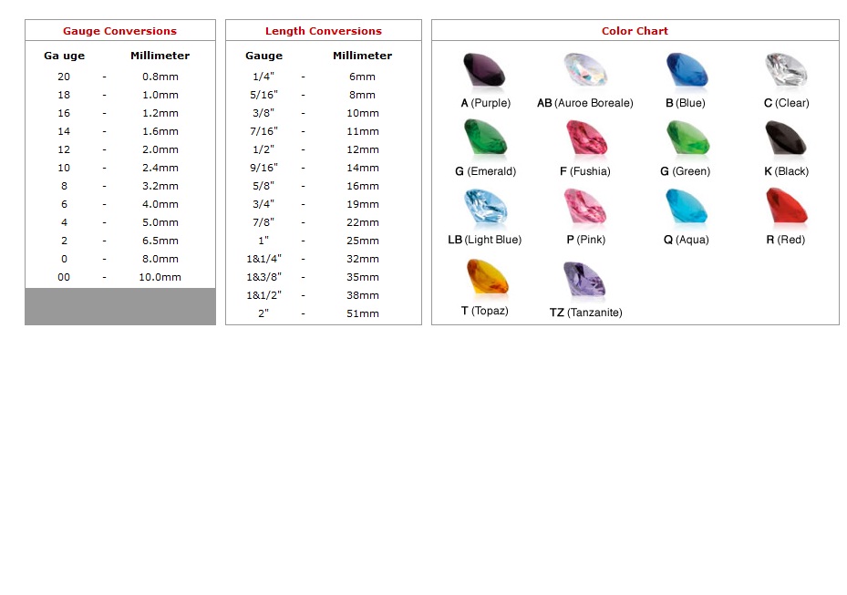 Piercedfish Blog: How to measure Body Jewelry - Sizing Chart