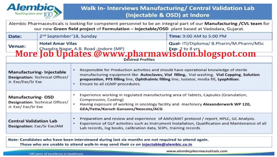 Alembic Pharma - Walk-In at Indore on 2nd September, 2018 for ...