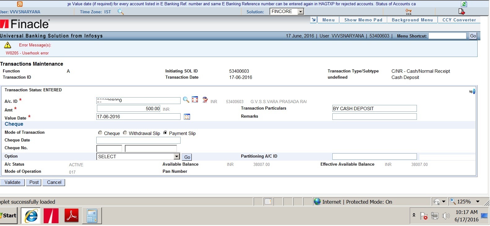 User Hook Error in SB Deposit/Withdrawal or SB Close in DOP Finacle ...