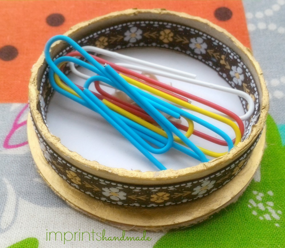 imprints handmade: Desktop paper clips stash with used ribbon spool: DIY
