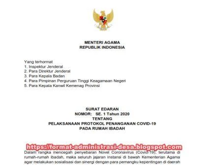 Surat Edaran Menteri Agama No SE. 1 Tahun 2020 tentang Pelaksanaan Protokol Covid-19 pada Rumah ...