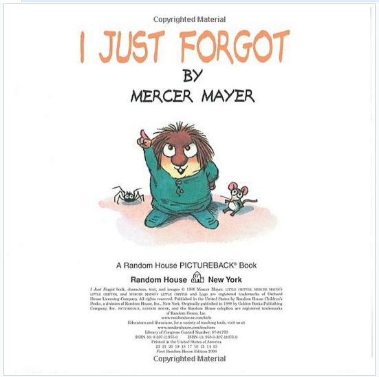 Books for Kids: I JUST FORGOT Written and Illustrated by Mercer Mayer
