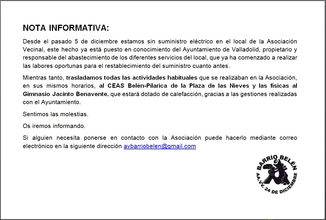 Asociación Vecinal "24 de Diciembre" Barrio Belén: NOTA INFORMATIVA