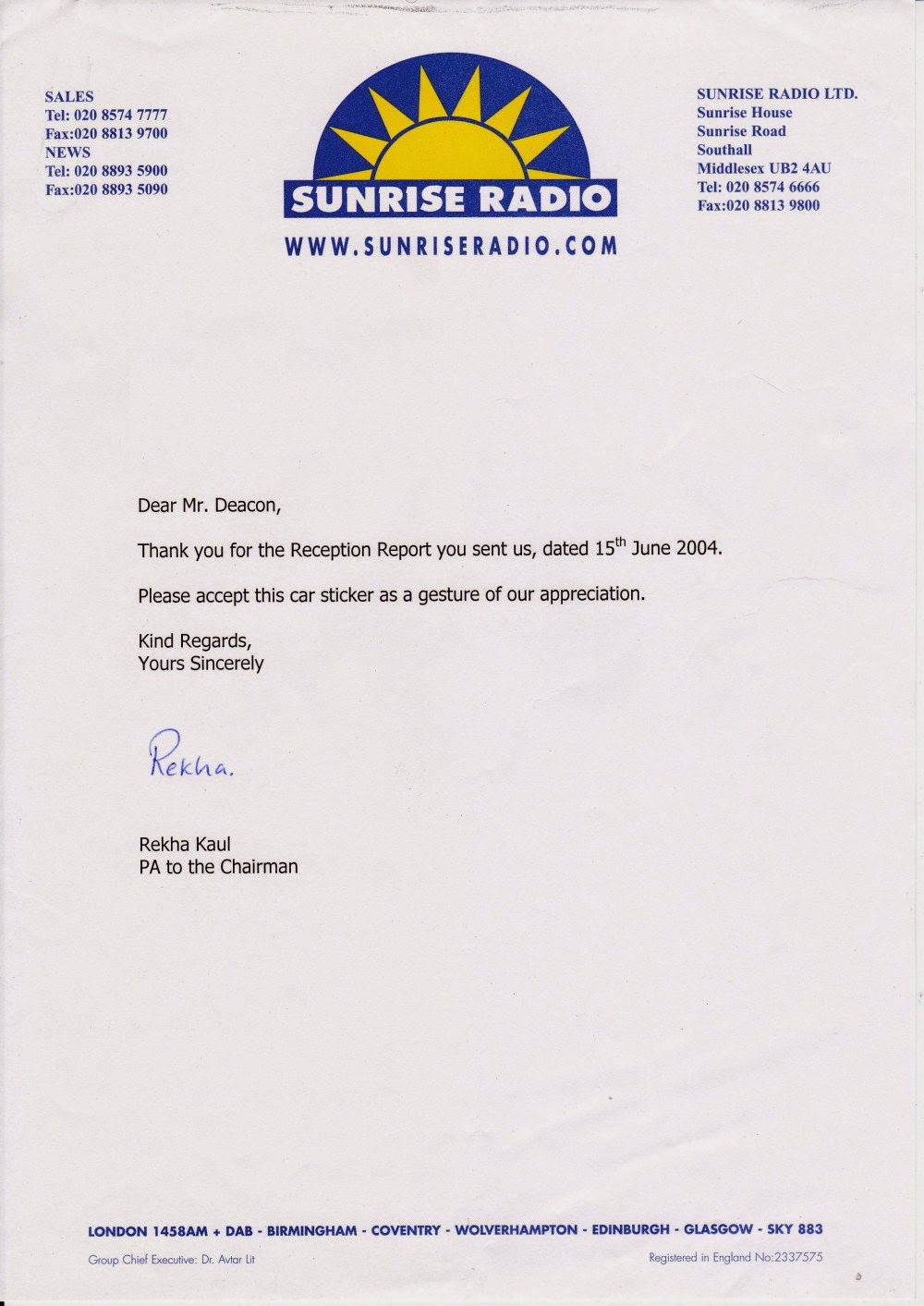 Cape Dx - Gary Deacon: U.K. Sunrise Radio London 1458 kHz QSL