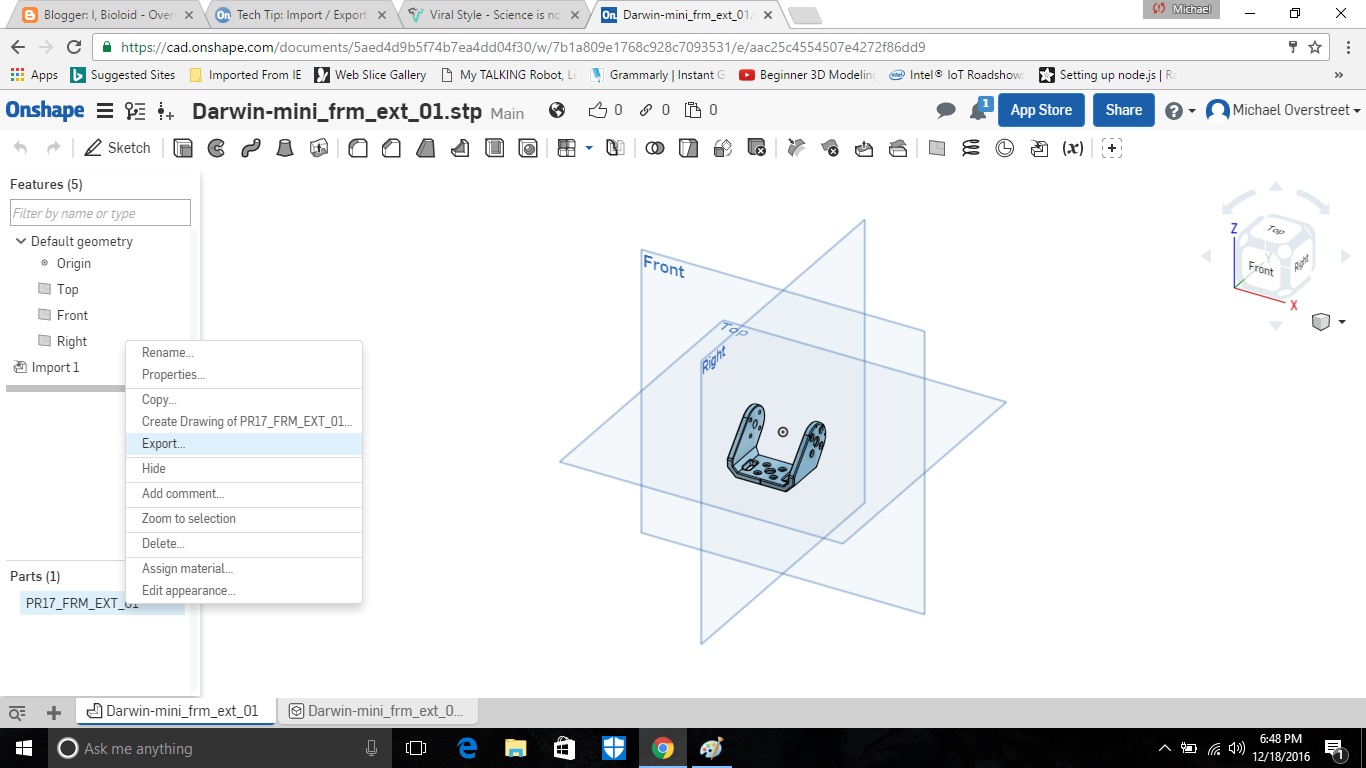 I, Bioloid: Create .STL Files for 3D printing using OnShape.