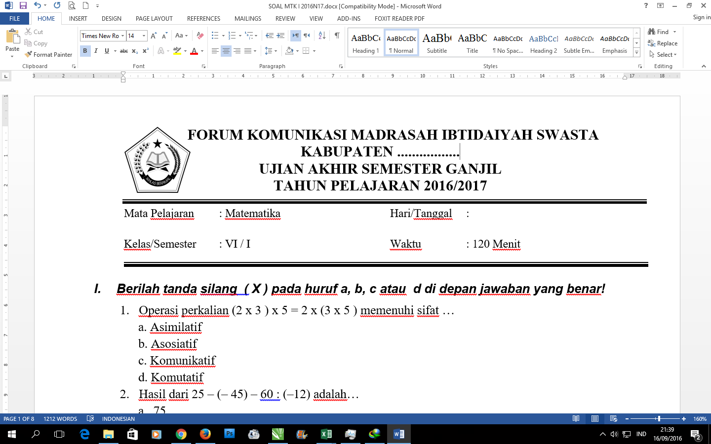 Soal UTS Terbaru dan Terlengkap Tahun 2016/2017 SD/MI - Kang Pondok