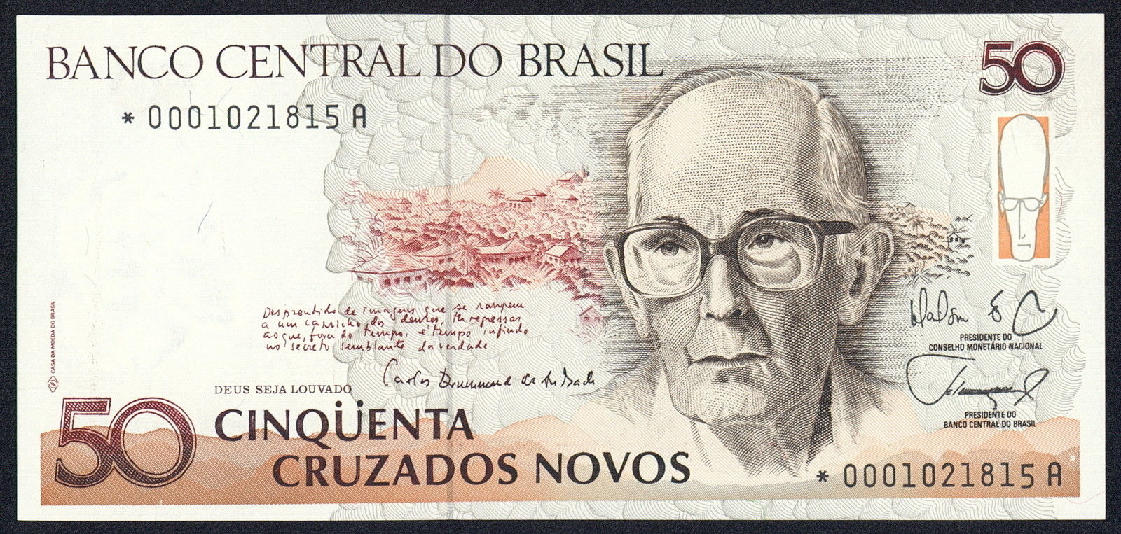 Brazil 50 Cruzados Novos banknote 1989 Carlos Drummond de Andrade|World ...