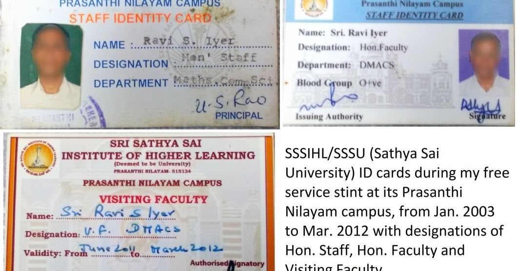 SSSIHL/SSSU (Sathya Sai University) ID cards with face blurred (Ravi S. Iyer)