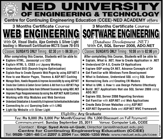 Admission in Pakistan: Short Courses in NED University of Engineering ...