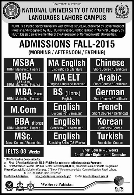 National University Of Modern Languages Lahore Campus Admissions 2015 ...