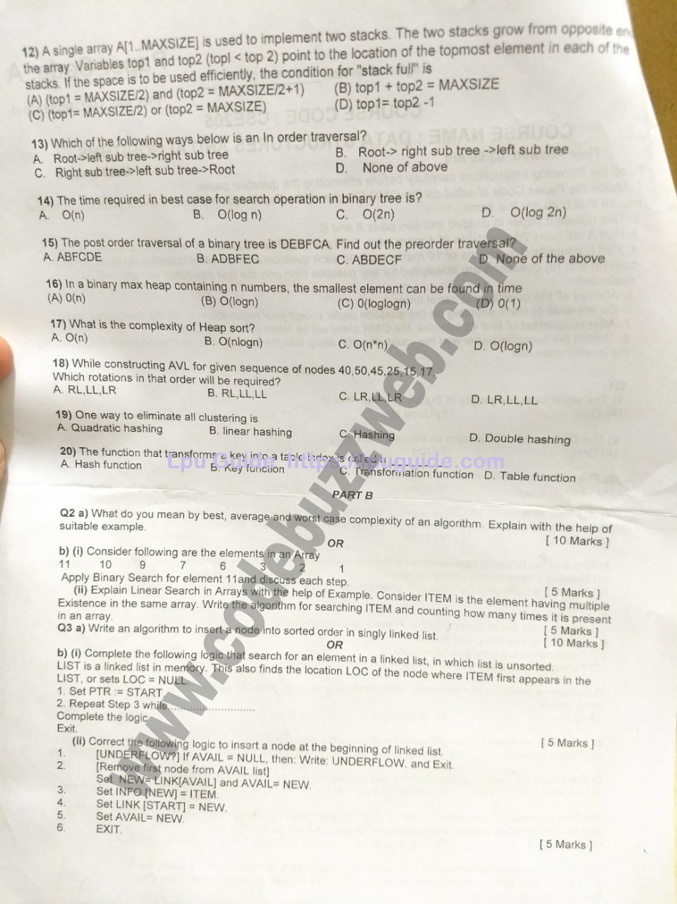 Cse205 Data Structure And Algorithm End Term Mcq Questions Paper Lpu Question Papers