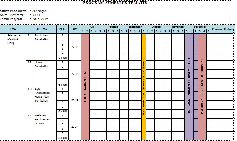 DOWNLOAD PROSEM SD kelas VI SEMESTER 1 TP 2018/2019 | PERANGKAT MENGAJAR