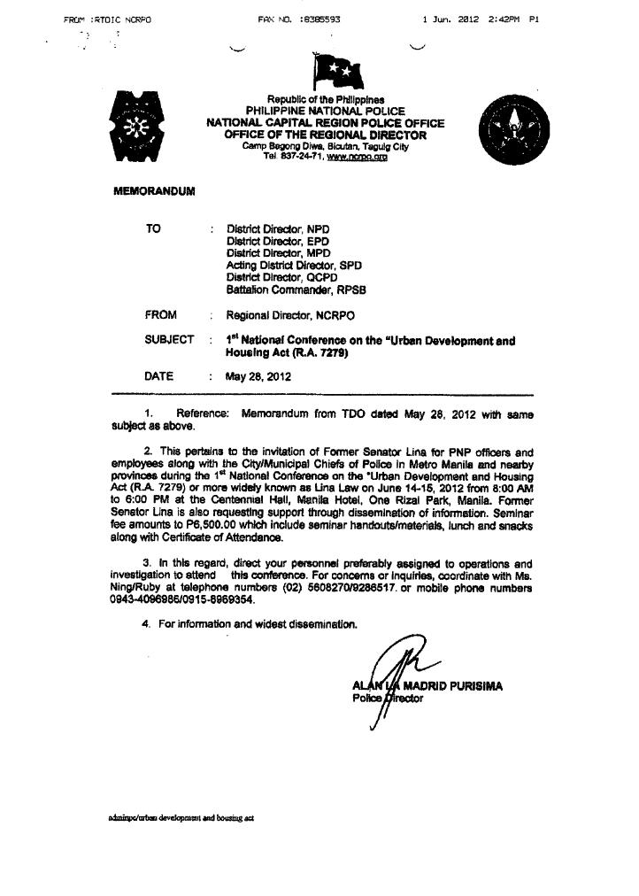 RA 7279 Conference 2012: PNP NCR Memo Circular