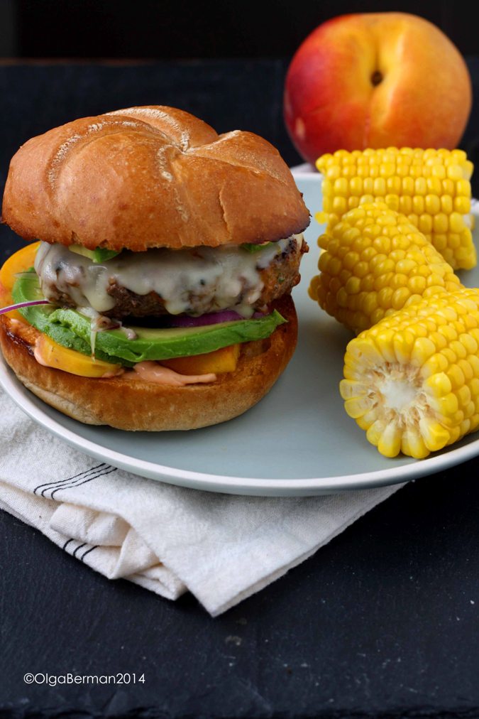 Mango & Tomato: Sabra Salsa Burger with Peaches, Avocado & Sriracha Mayo