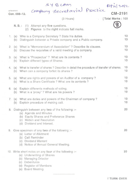 MU B.Com Company Secretarial Practice 2012 Question Paper - University ...