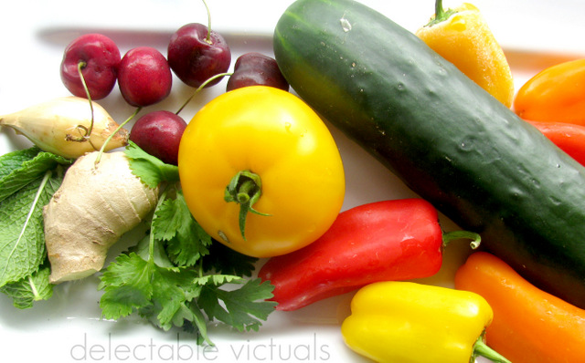 Delectable Victuals: Cucumber, Cherries, Tri-color Mini Peppers, Tomato ...