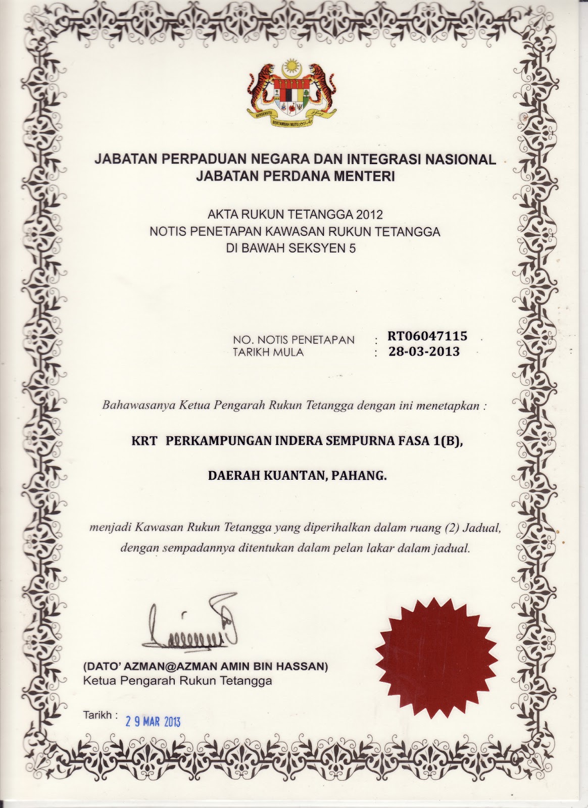 KRT Indera Sempurna Fasa 1 (B): Sijil Pendaftaran