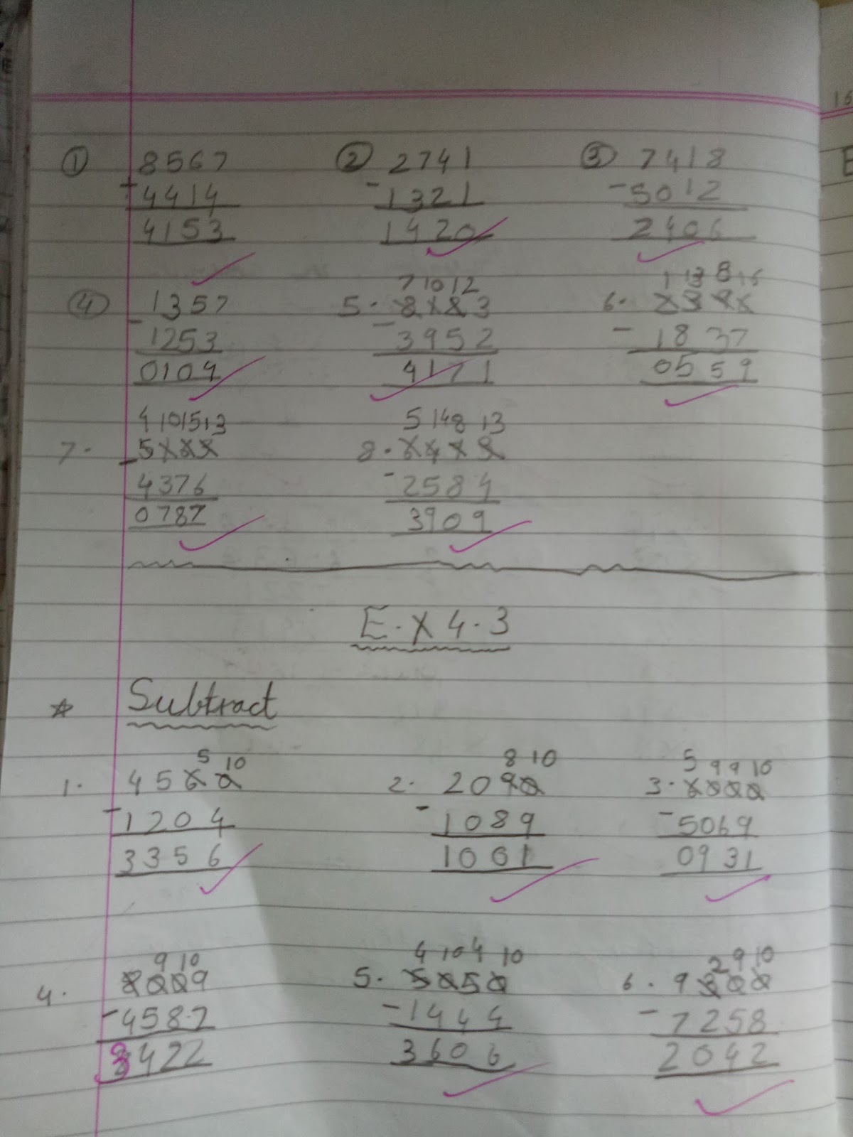 PIS BARODA STD-3: Grade 3 Math Subtraction notebook work