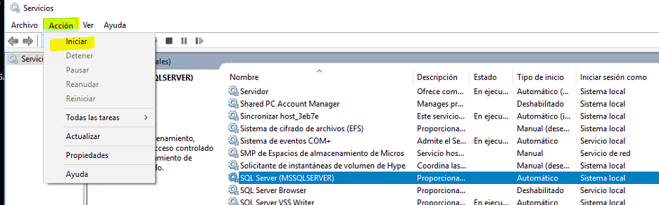 ZGEST: Iniciar el servicio del motor de Microsoft SQL Server - MSSQL