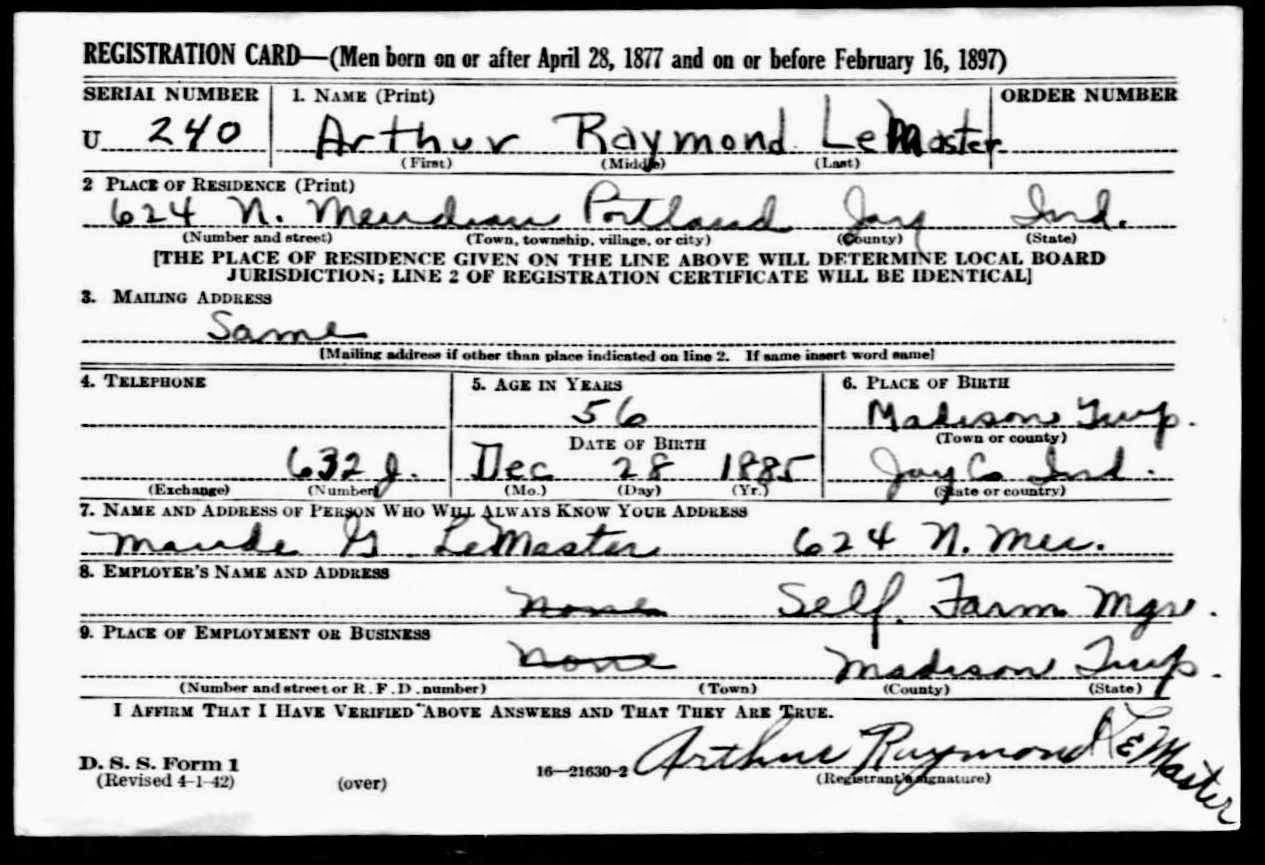 Military Monday : Arthur Raymond LeMaster, World War II Draft ...