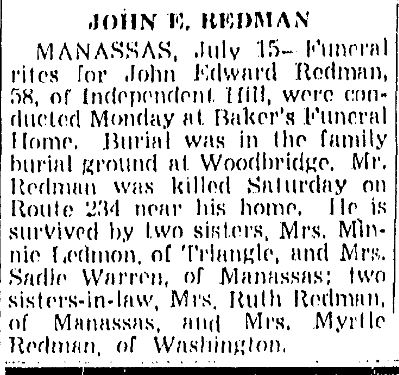 Prince William County Genealogy: Sunday's Obituary: John Edward Redman