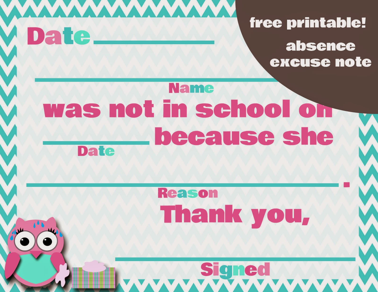 My Fashionable Designs: FREE Printable: Absence Excuse Note - Owl Design