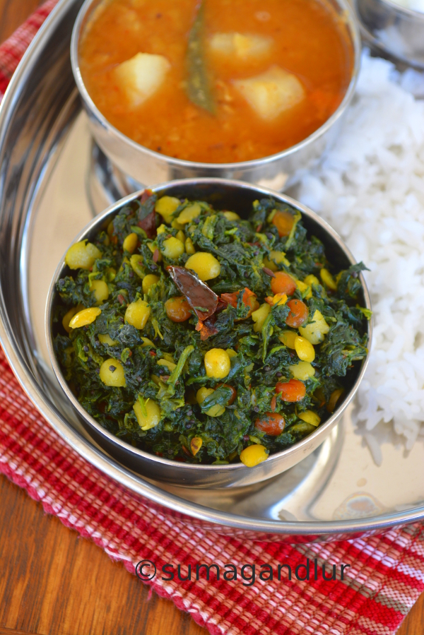 Veggie Platter: Palakoora Podi Koora ~ Sauteed Spinach with Lentils