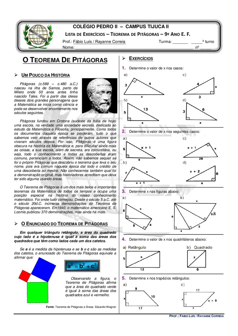 Teorema De Pitagoras Exercicios Resolvidos 9 Ano Wood Scribd Braxin