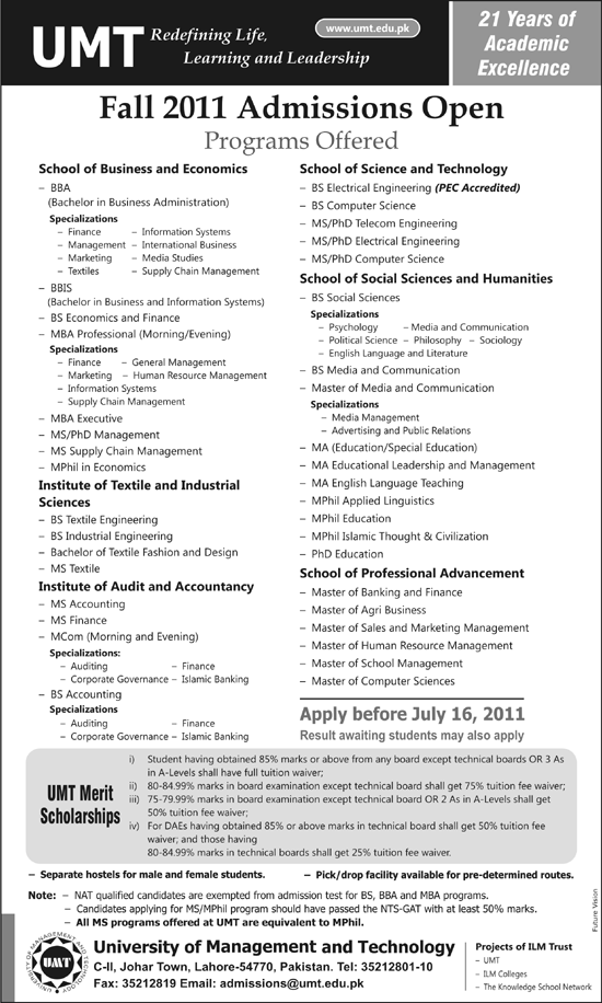 Admission in Pakistan: UMT University of Management and Technology ...
