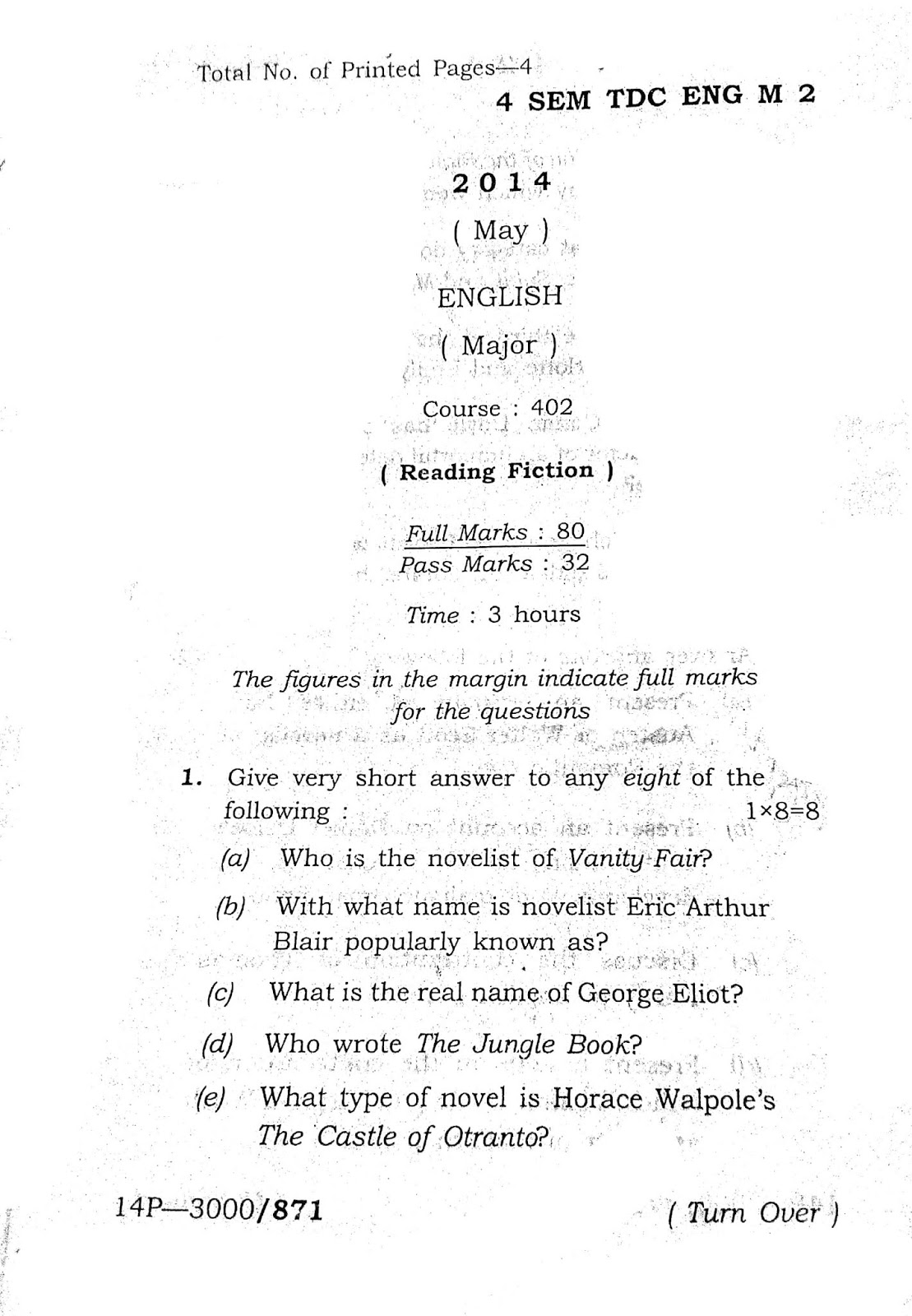 BA 2014 4th SEMESTER ENGLISH MAJOR QUESTION PAPER OF DIBRUGARH UNIVERSITY