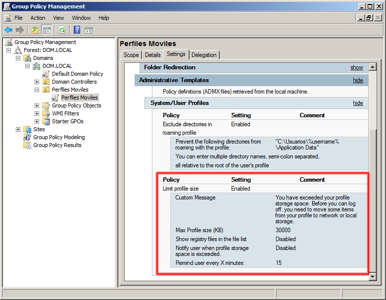Pantallazos.es: Perfiles Móviles: Limitar el tamaño del perfil de usuario.