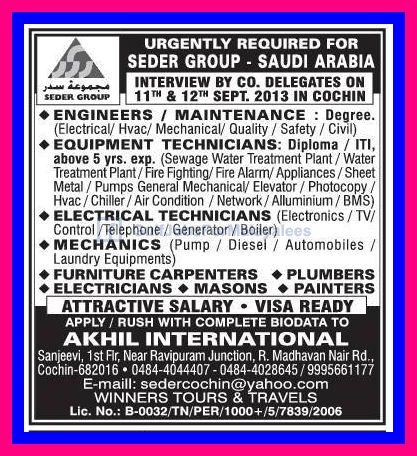 Urgently Required For SEDER Group, Visa Free | Gulf Jobs for Malayalees