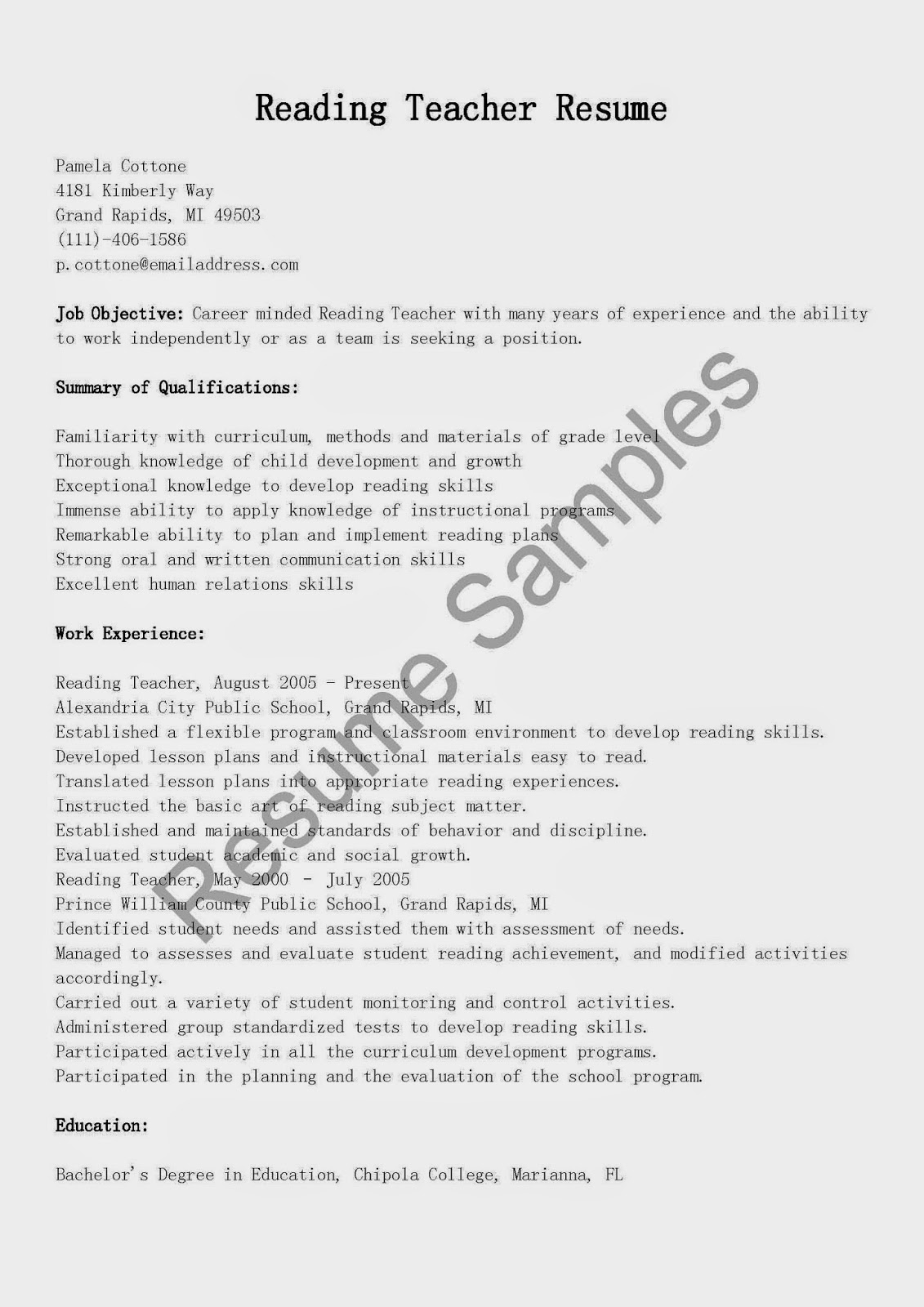 Resume Samples: Reading Teacher Resume Sample