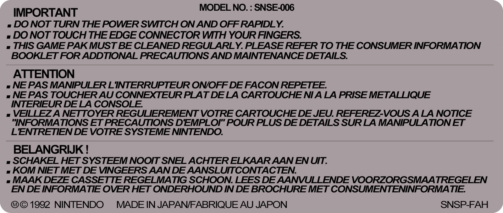 Super Nintendo Labels: Label traseira (EUR)