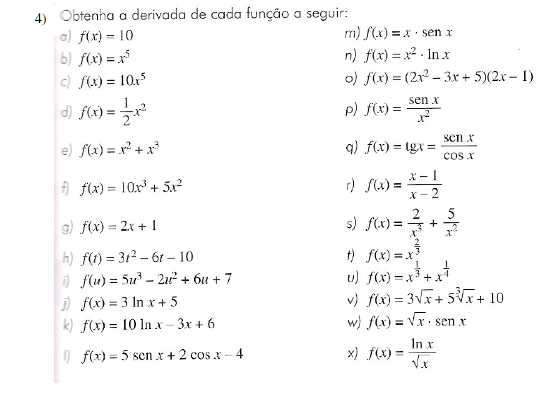A LUZ DA MATEMÁTICA: EXERCÍCIOS DE DERIVADAS DA FUNÇÃO COM GABARITO