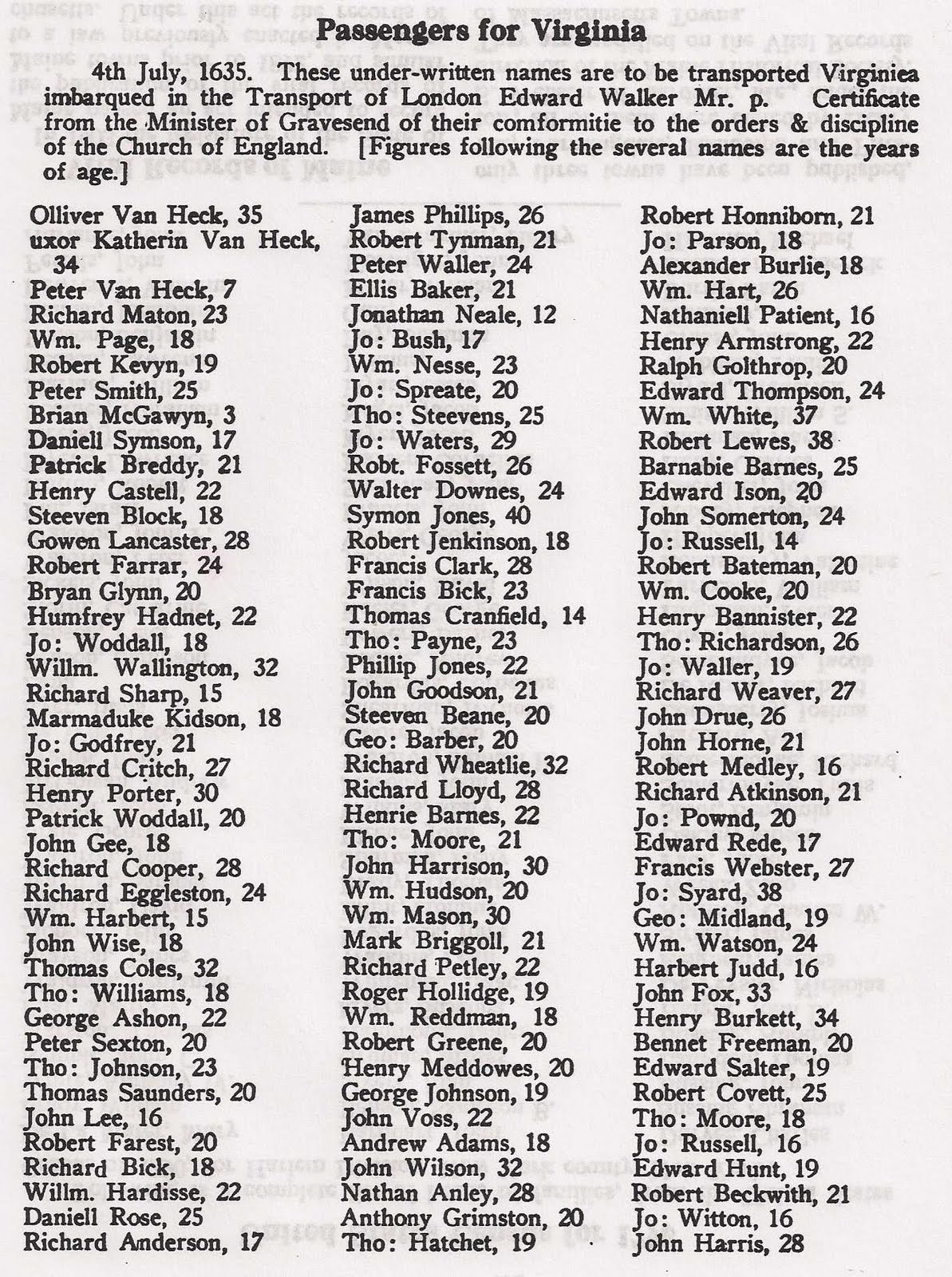 Maddie's Ancestor Search: Transported Passengers for Virginia, 4 July 1635