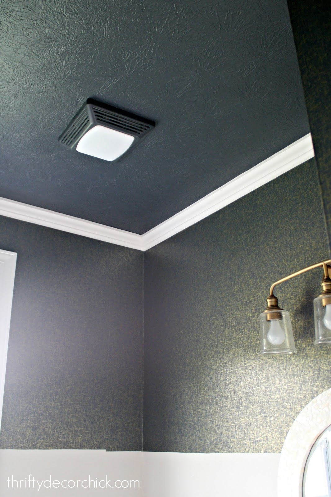 Dramatic update in the powder room | Powder room, Painted ceiling ...