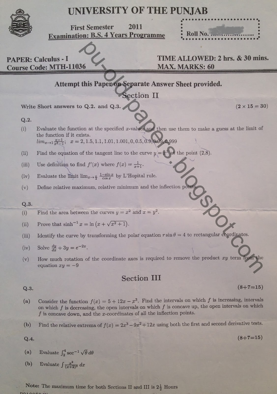 Punjab University Past Papers Calculus It 1 Course Code Math 131 And Pu Course Code Mth 11036