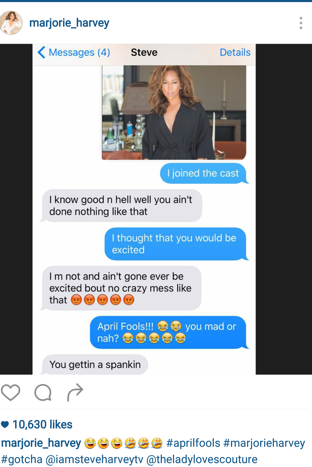 Lol. Steve Harvey didn't find his wife's April Fool's joke funny