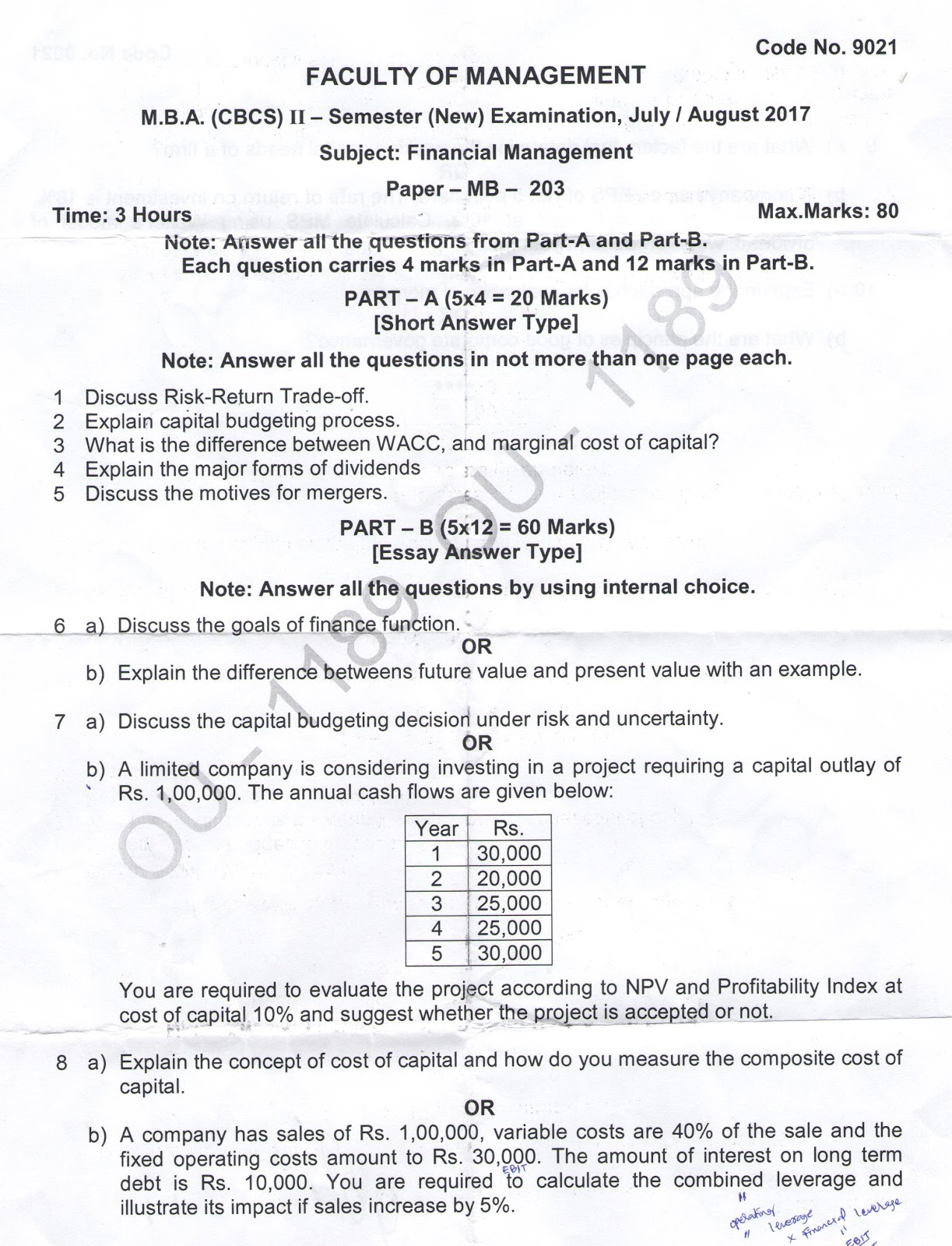 M.B.A. (CBSE) II - Semester Examination Sample Question Papers (OU)