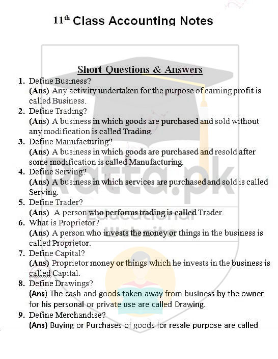I.Com 1st Year Accounting Notes - Important Questions of Accounting ...