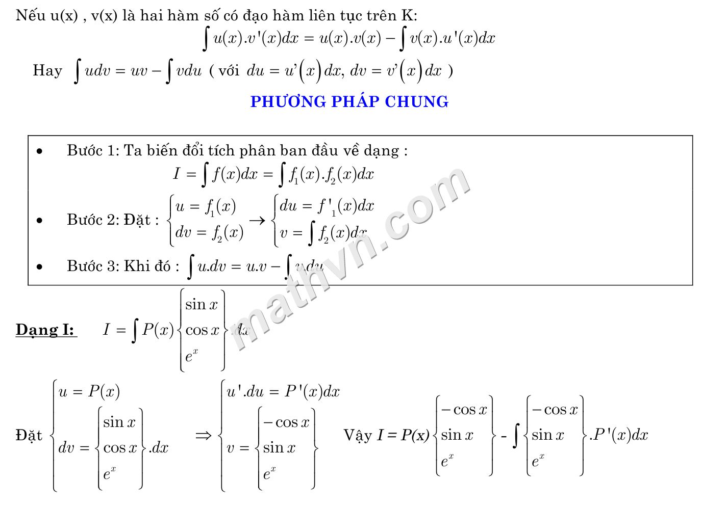 Phương pháp tích phân từng phần, nguyên hàm từng phần