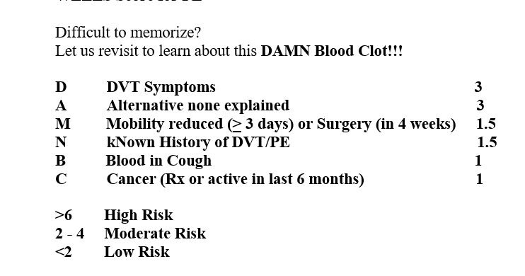 Emergency Medicine: Pulmonary Embolism Fast Facts: Wells Score Menmonic