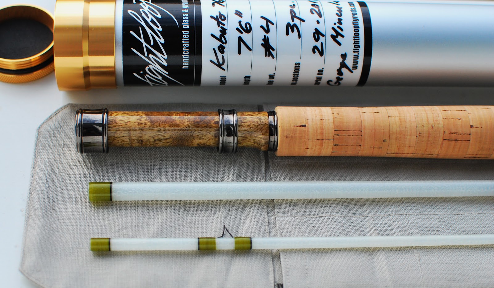 Handcrafted graphite and fiberglass fly rods: Kabuto white