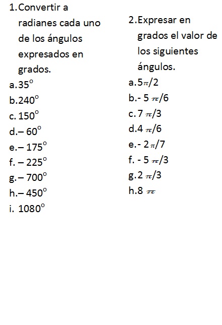 MATEMÁTICAS 5: Tarea conversiones (grados - radianes)
