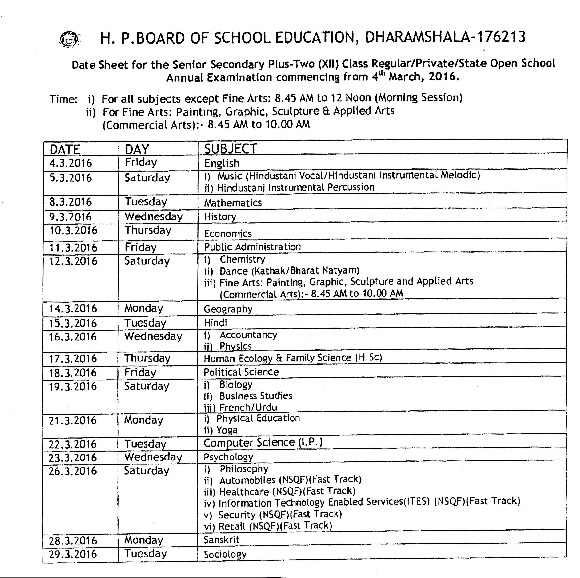 Himachal Pradesh Board Time Table | Himachal Pradesh Board 10th Time ...