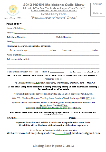 HOKH Maidstone Quilt Show: 2013 Quilt Show Exhibit Entry Forms