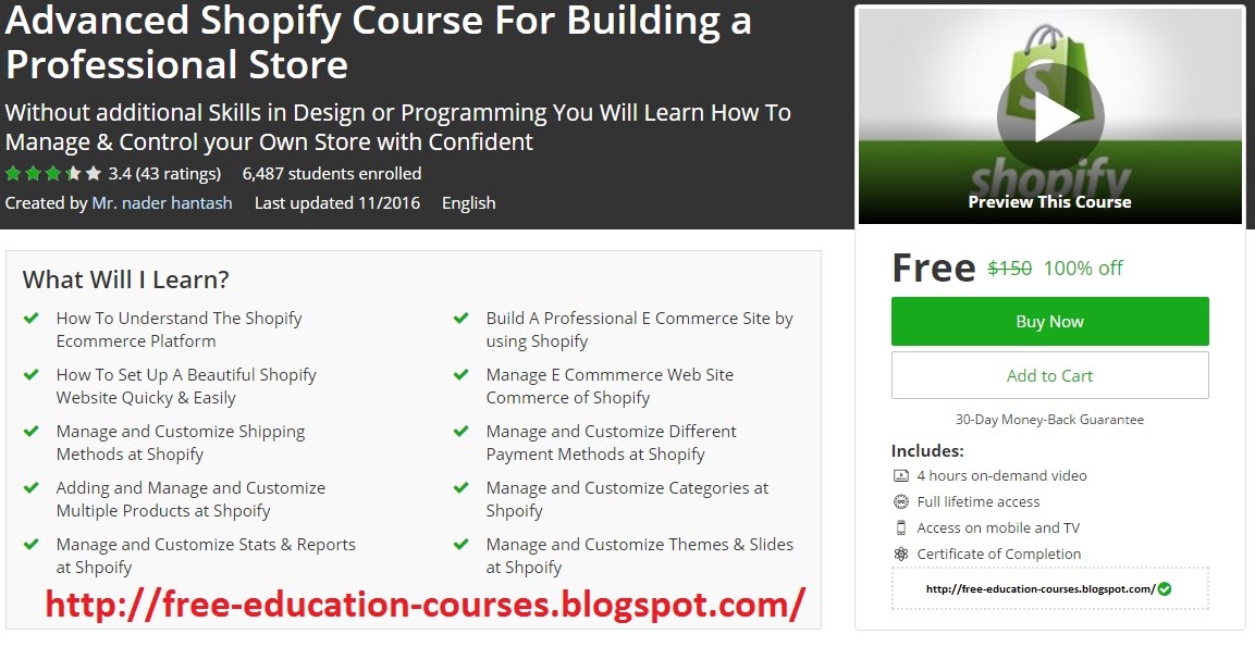 Free Education Courses: Advanced Shopify Course For Building a Professional Store