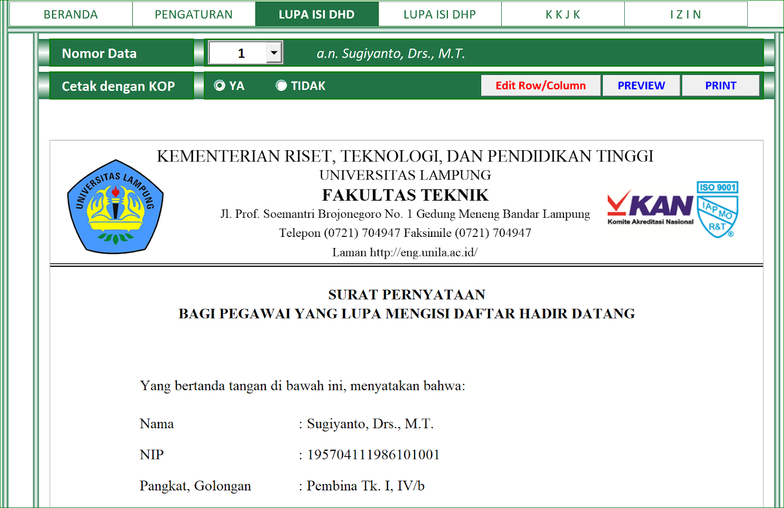 Aplikasi Excel Surat Keterangan Lupa Absen - ExcelManiacs