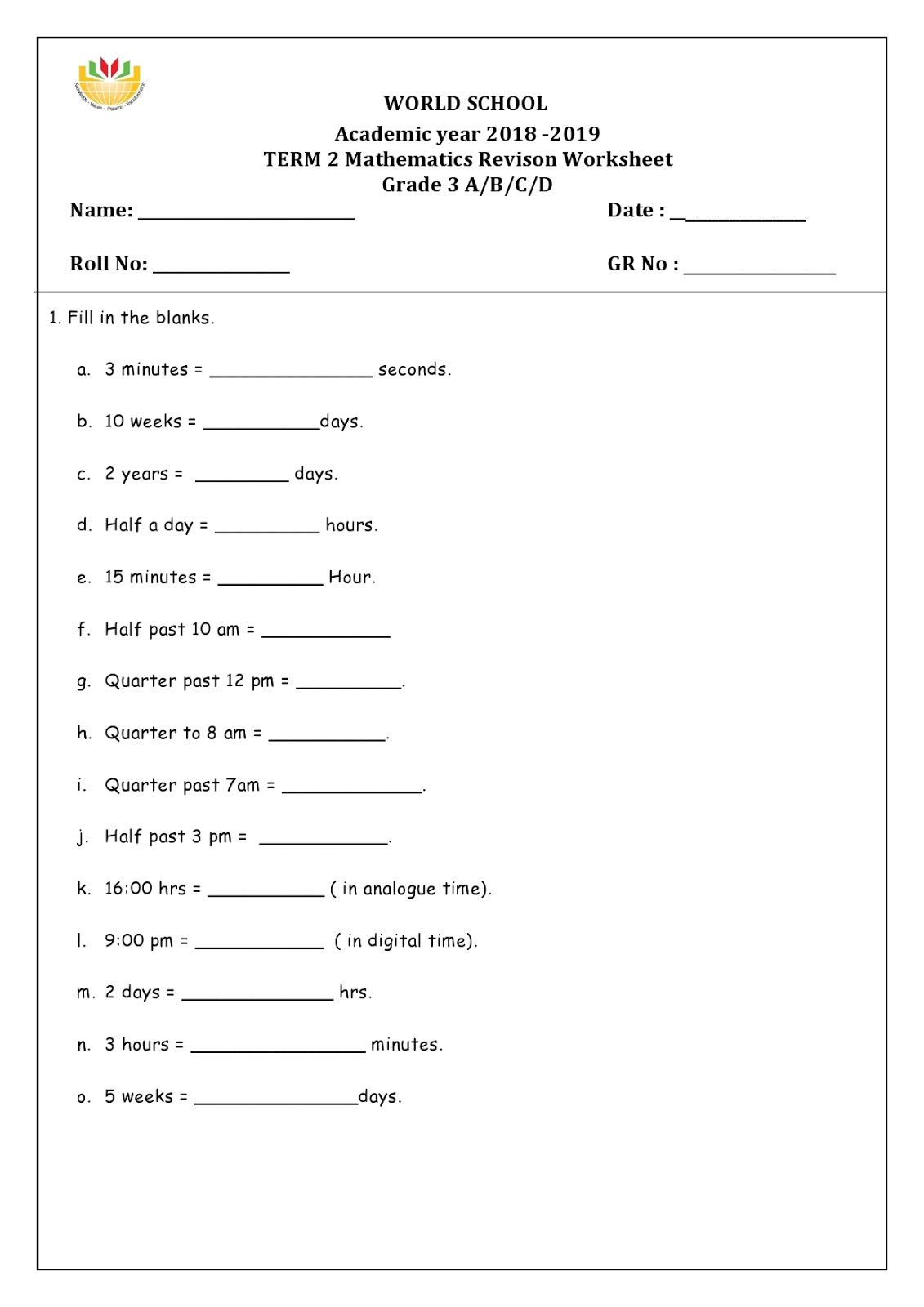 Birla World School Oman: Homework for Grade 3 as on 18-04-2019